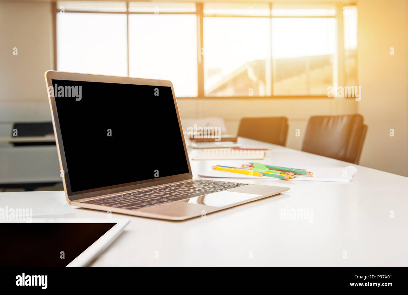 laptop on the table in the meeting room. Fintech and technology Stock ...