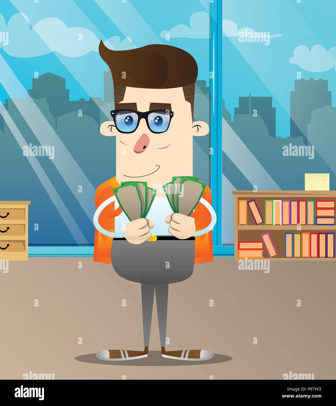 Schoolboy holding or showing money bills. Vector cartoon character ...