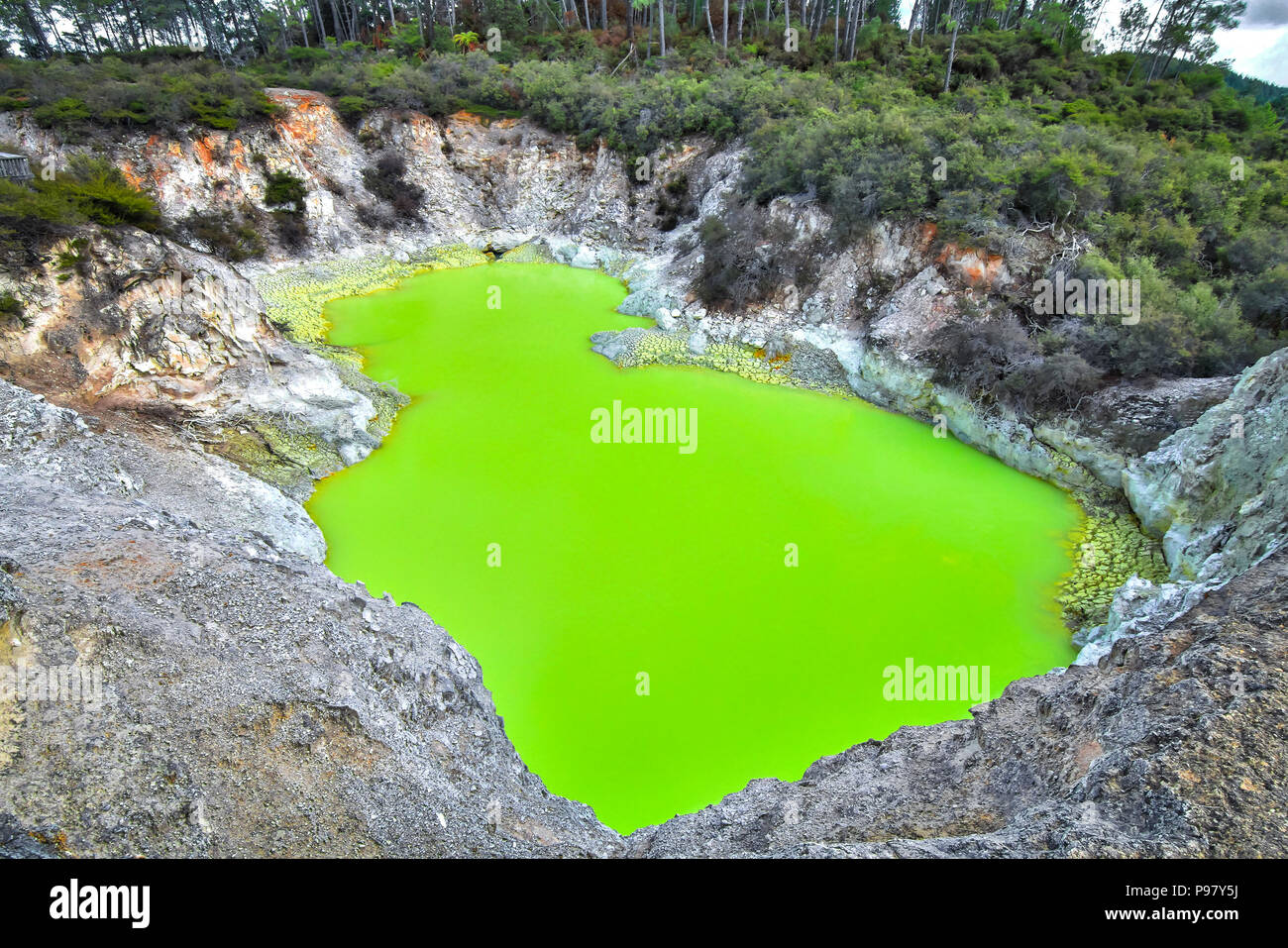 A bright green pool called Devil's Bath, colored by volcanic minerals ...