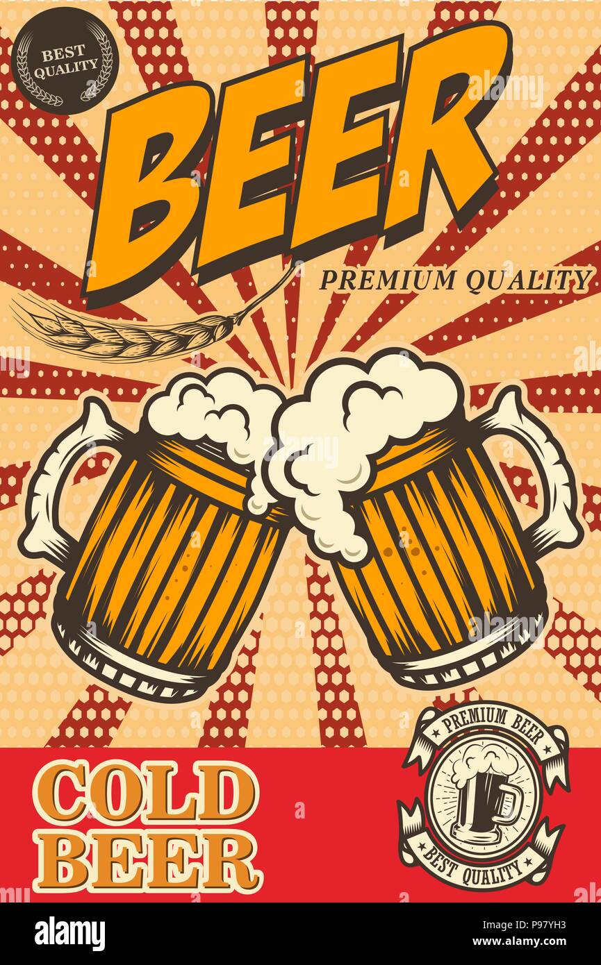 Beer poster in retro style. Beer objects on grunge background. Design ...