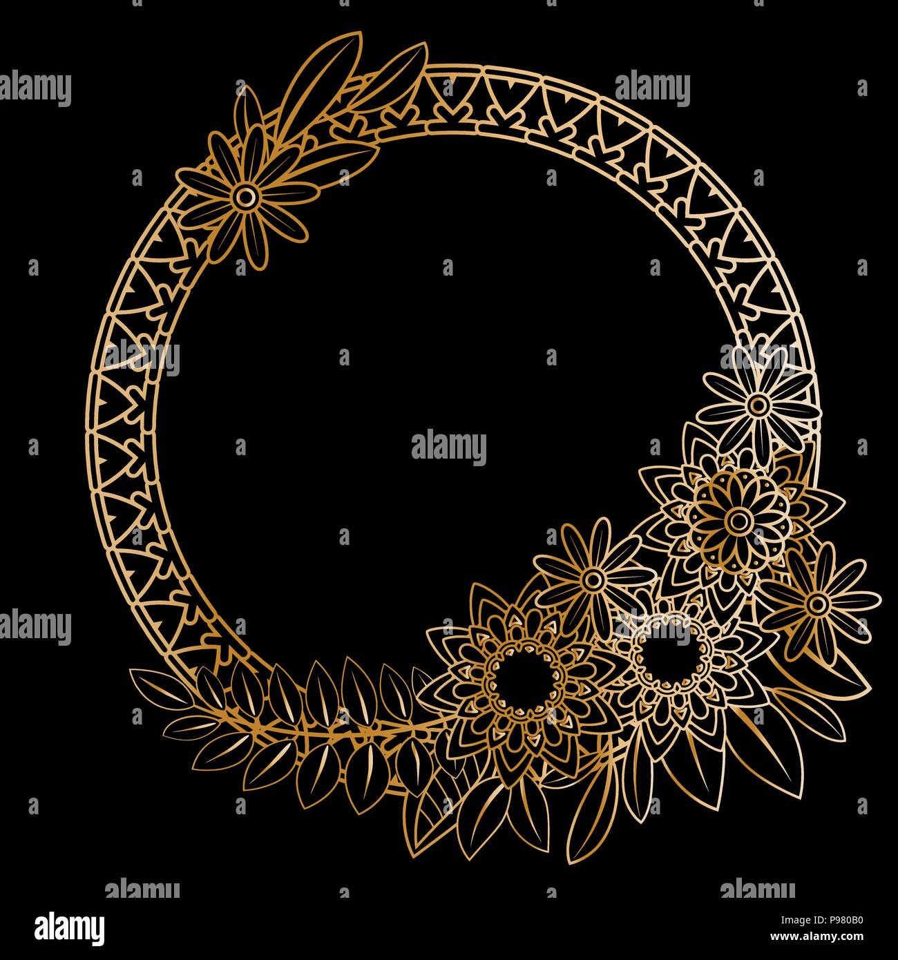 Golden floral frame template. Flowers and plants round frame. Design ...
