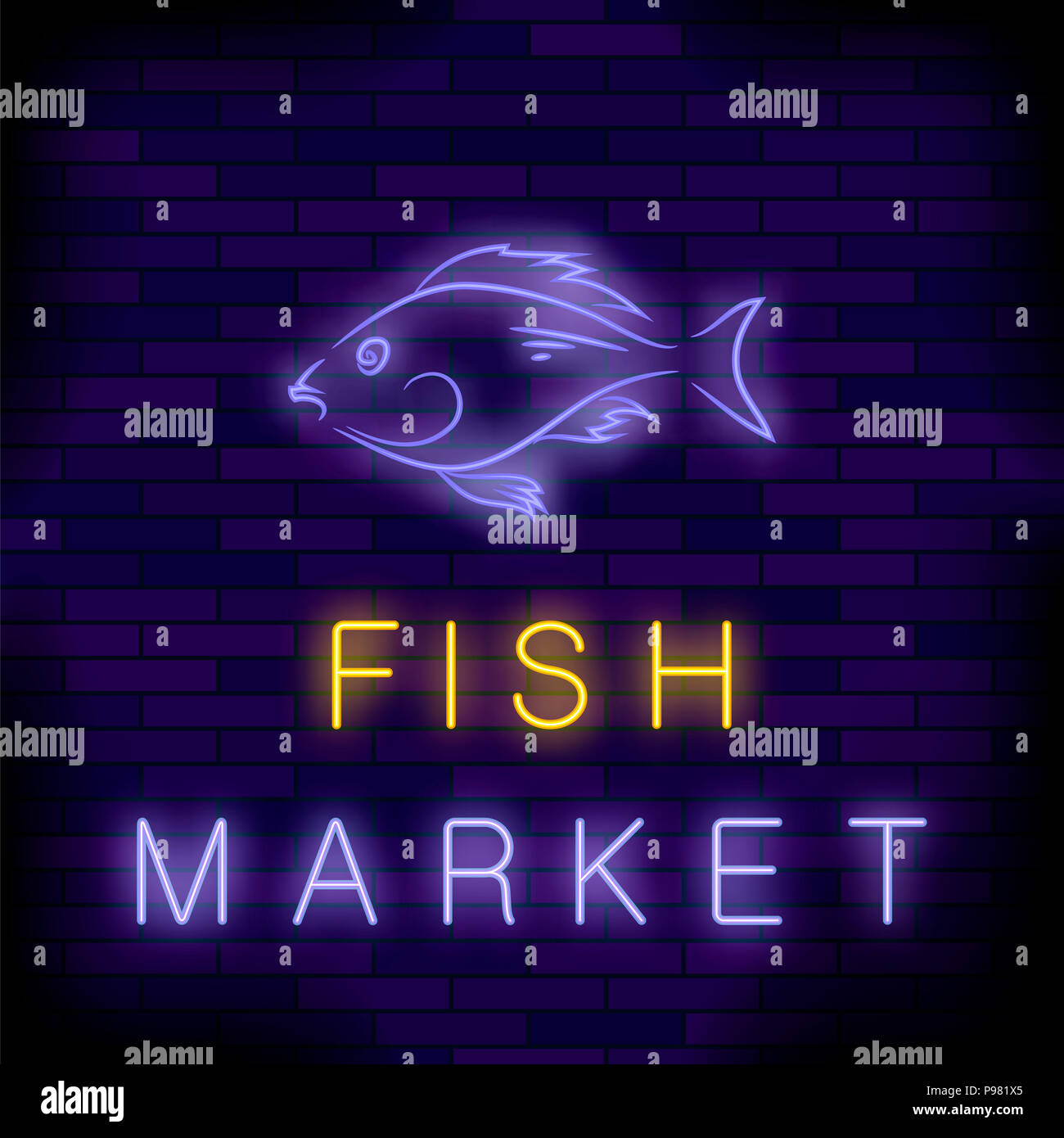 Colorful Neon Fish Market Sign Stock Photo - Alamy