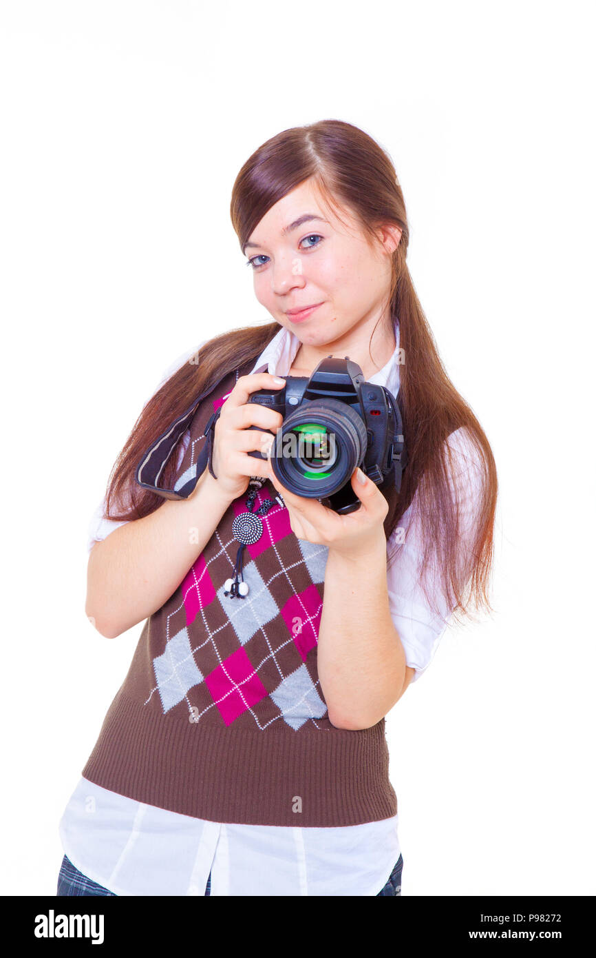 the girl with the camera isolated Stock Photo - Alamy