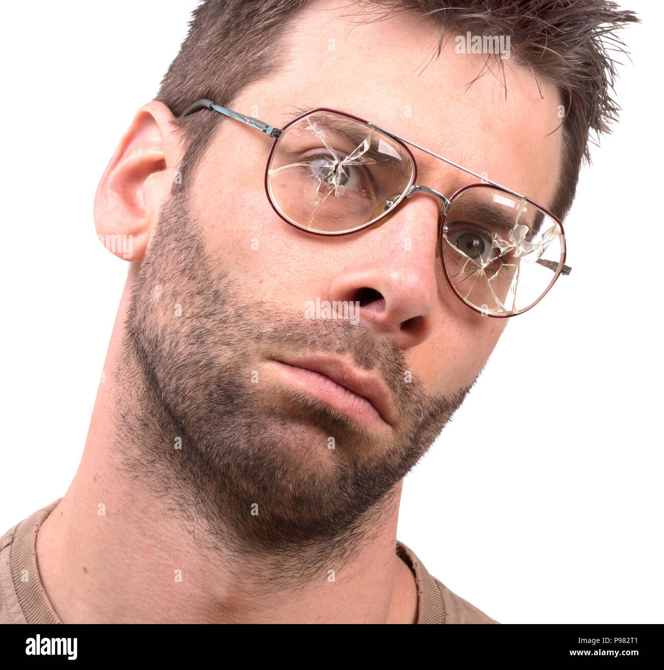 Goofy man with broken vintage glasses - Isolated on white Stock Photo ...