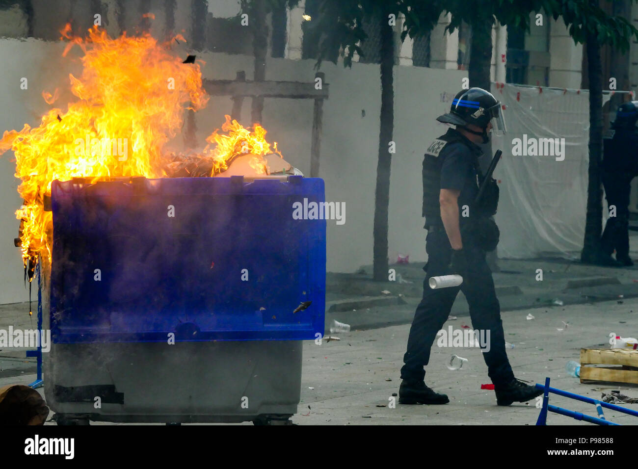 Lyon, France, July 15th 2018: Riot police officers are seen in Republic ...