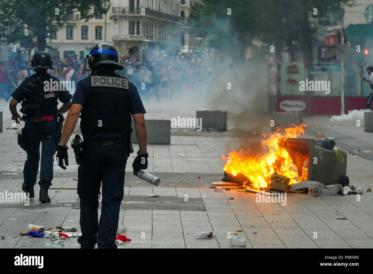 Lyon, France, July 15th 2018: Riot police officers are seen in Republic ...