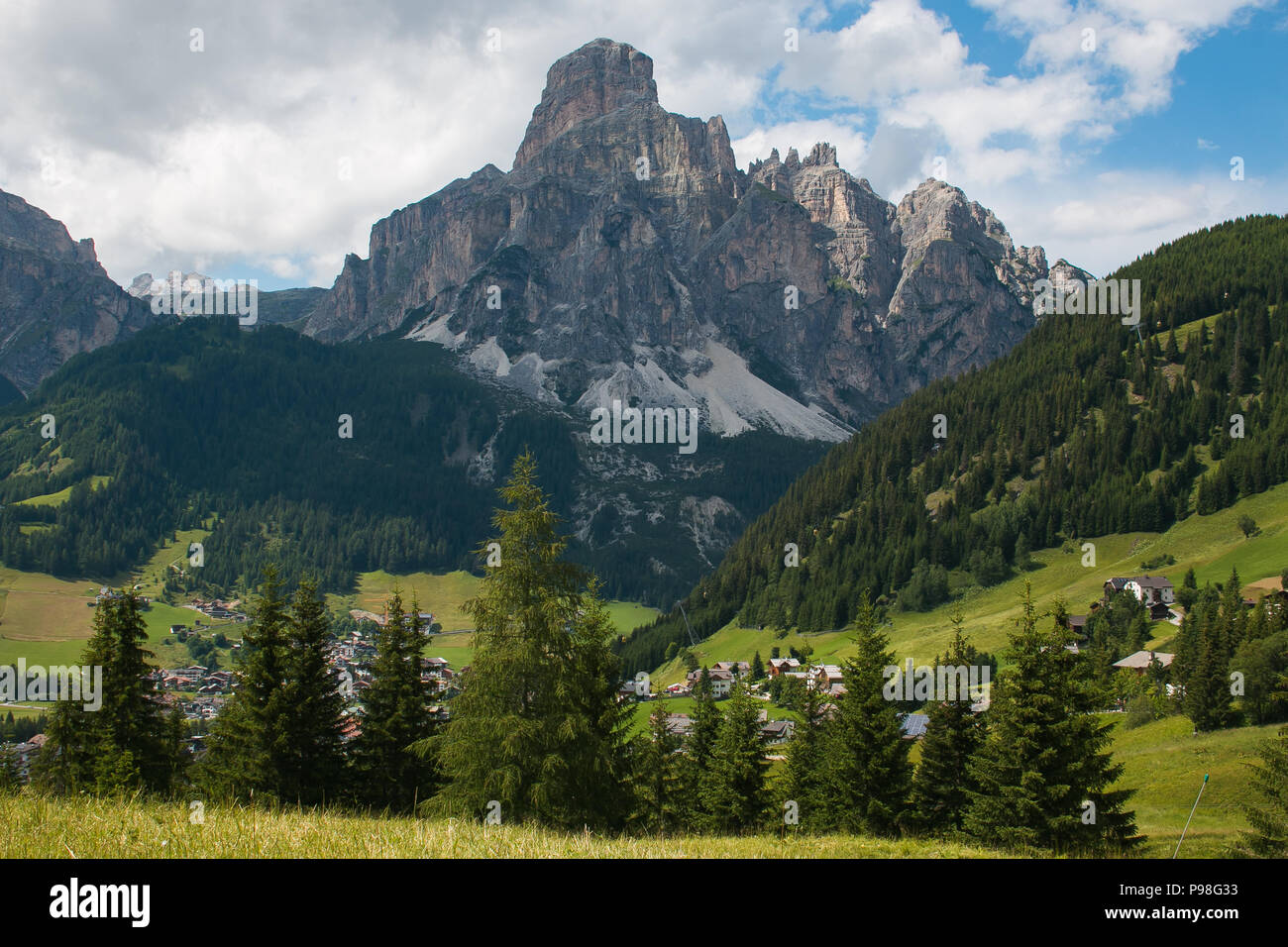 Panoramic view of Corvara in Badia village in the Italian Dolomites ...