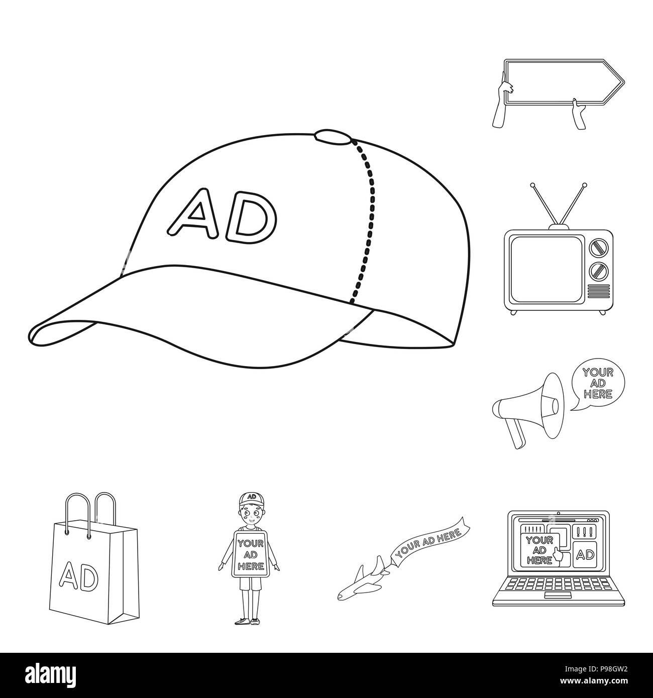 Production of advertising outline icons in set collection for design ...