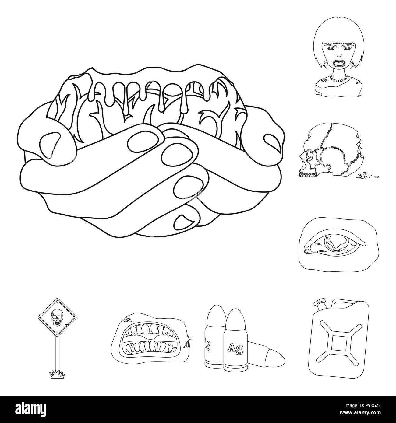 Zombies and Attributes outline icons in set collection for design. Dead ...