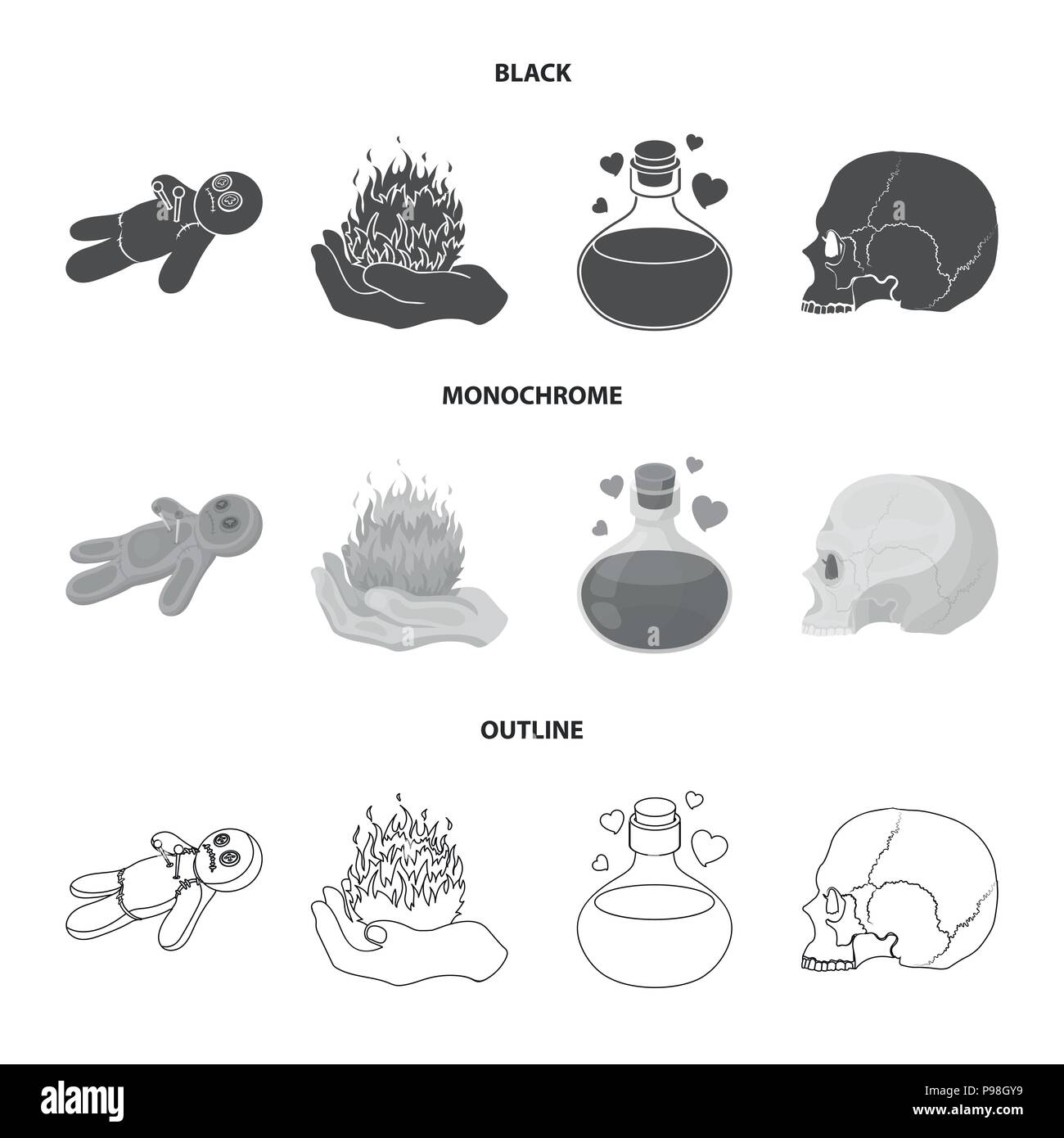 A voodoo doll, a magical fire, a love potion, a skull.Black and white ...