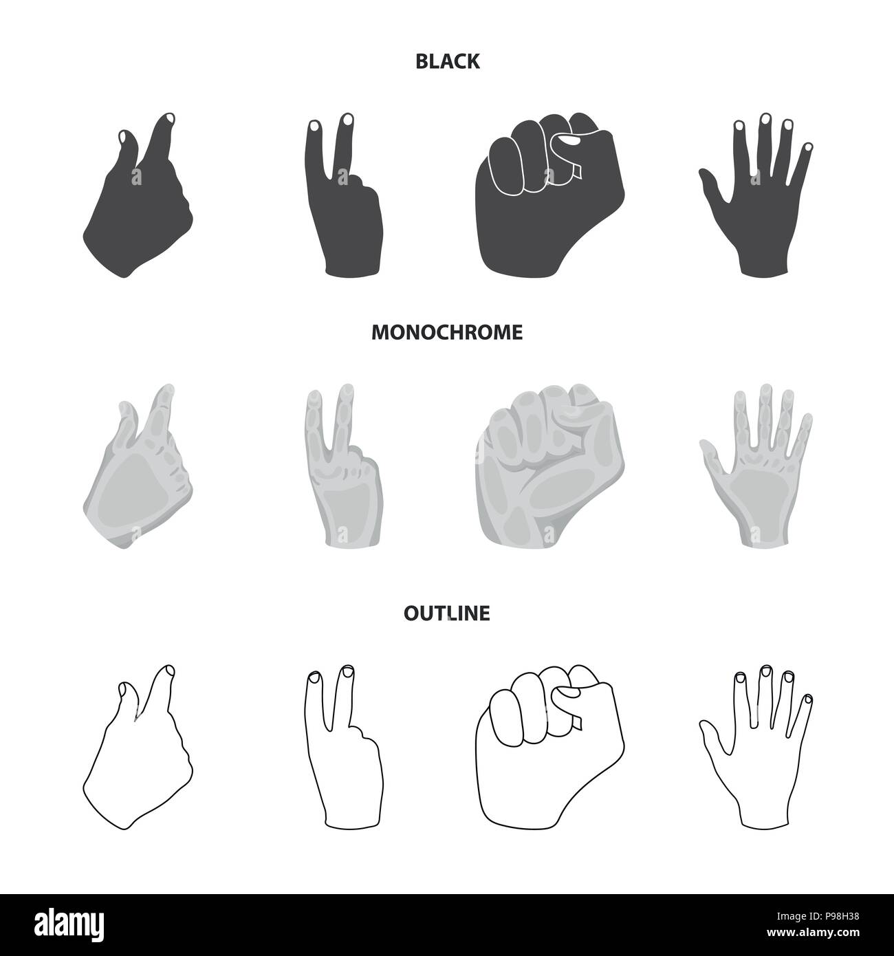 Open fist, victory, miser. Hand gesture set collection icons in black ...