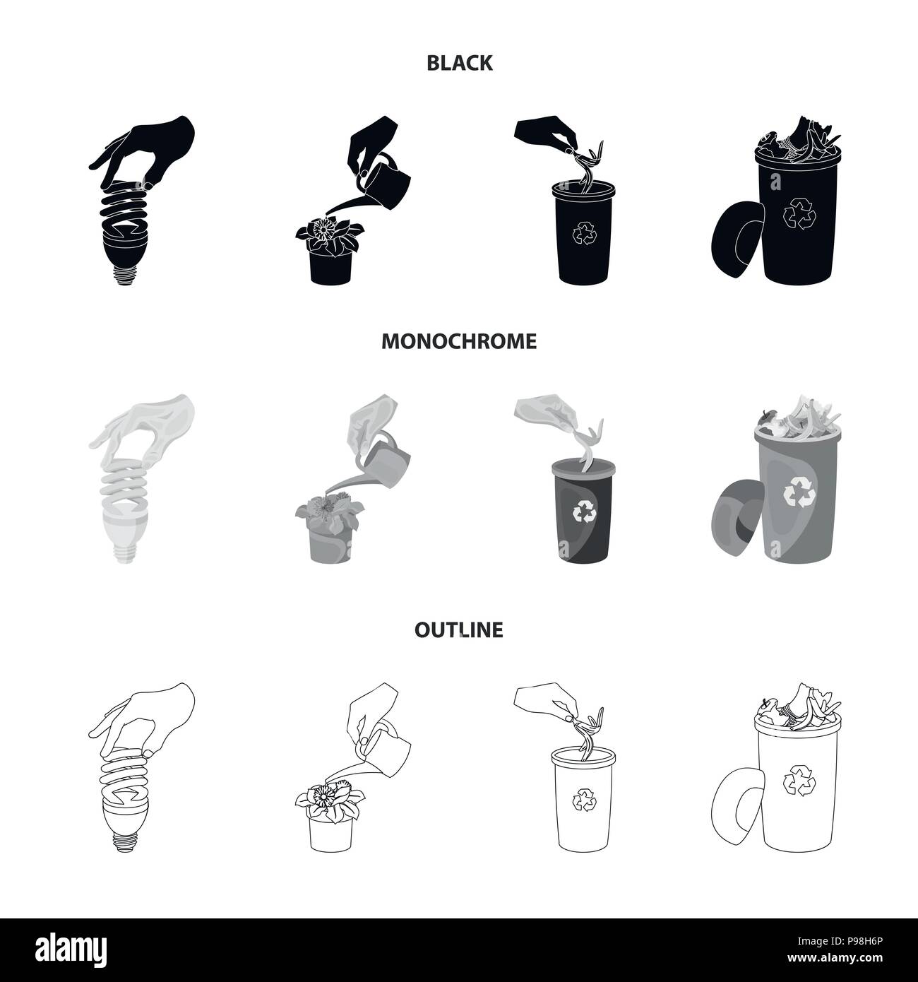 Energy-saving light bulb, watering a houseplant and other icon in black ...