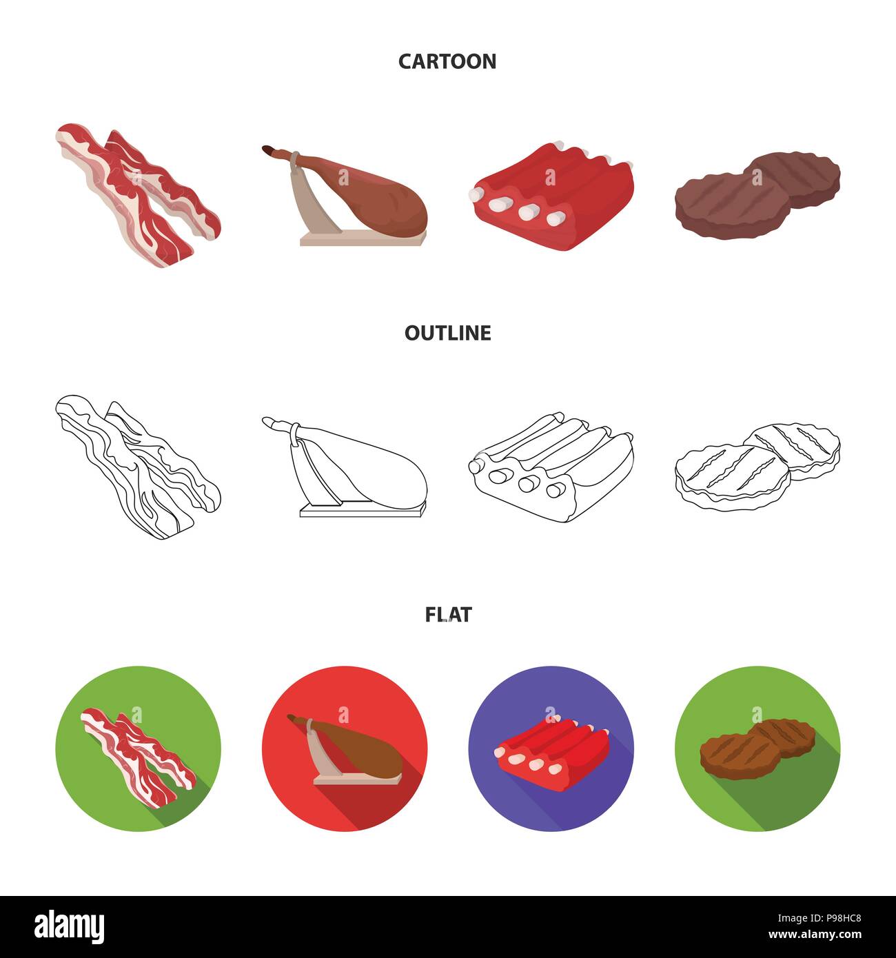 Bacon, jamon, pork ribs, fried cutlets. Meat set collection icons in ...