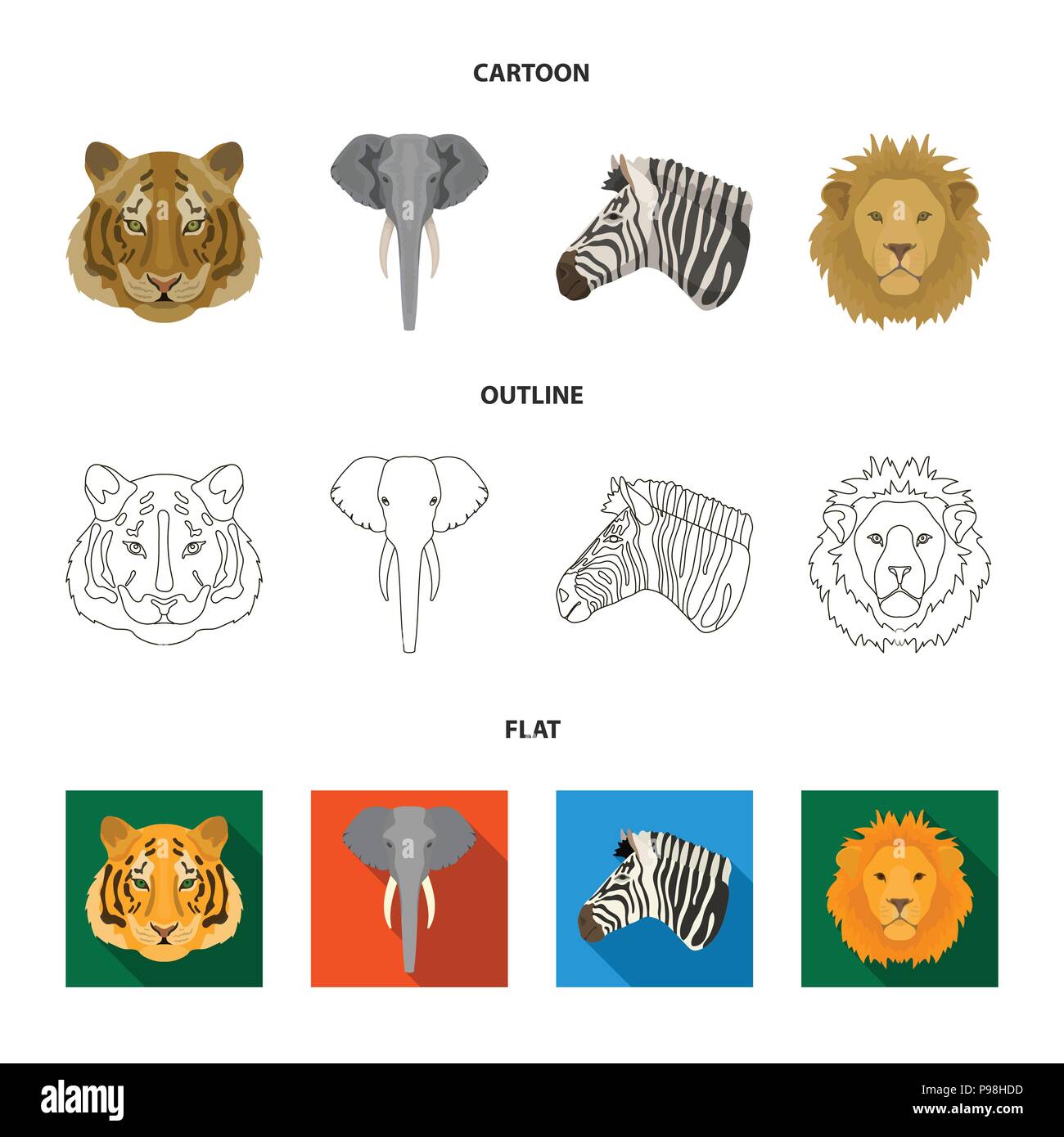 Tiger, lion, elephant, zebra, Realistic animals set collection icons in ...