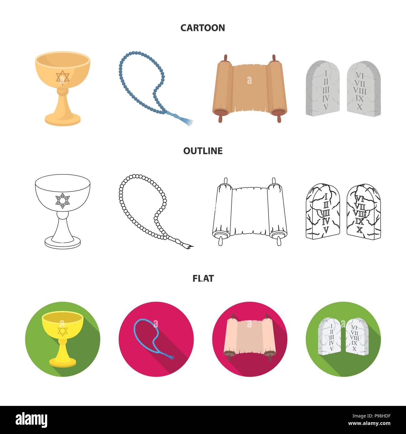 A cup of wine, Islamic beads, ten commandments, tanakh. Religion set ...
