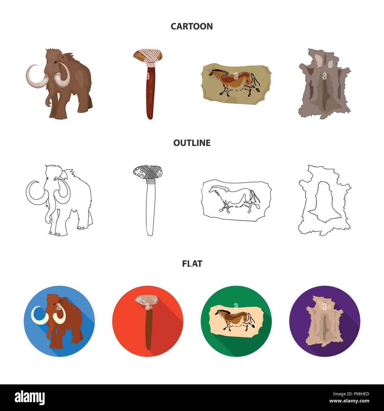Primitive, mammoth, weapons, hammer .Stone age set collection icons in ...