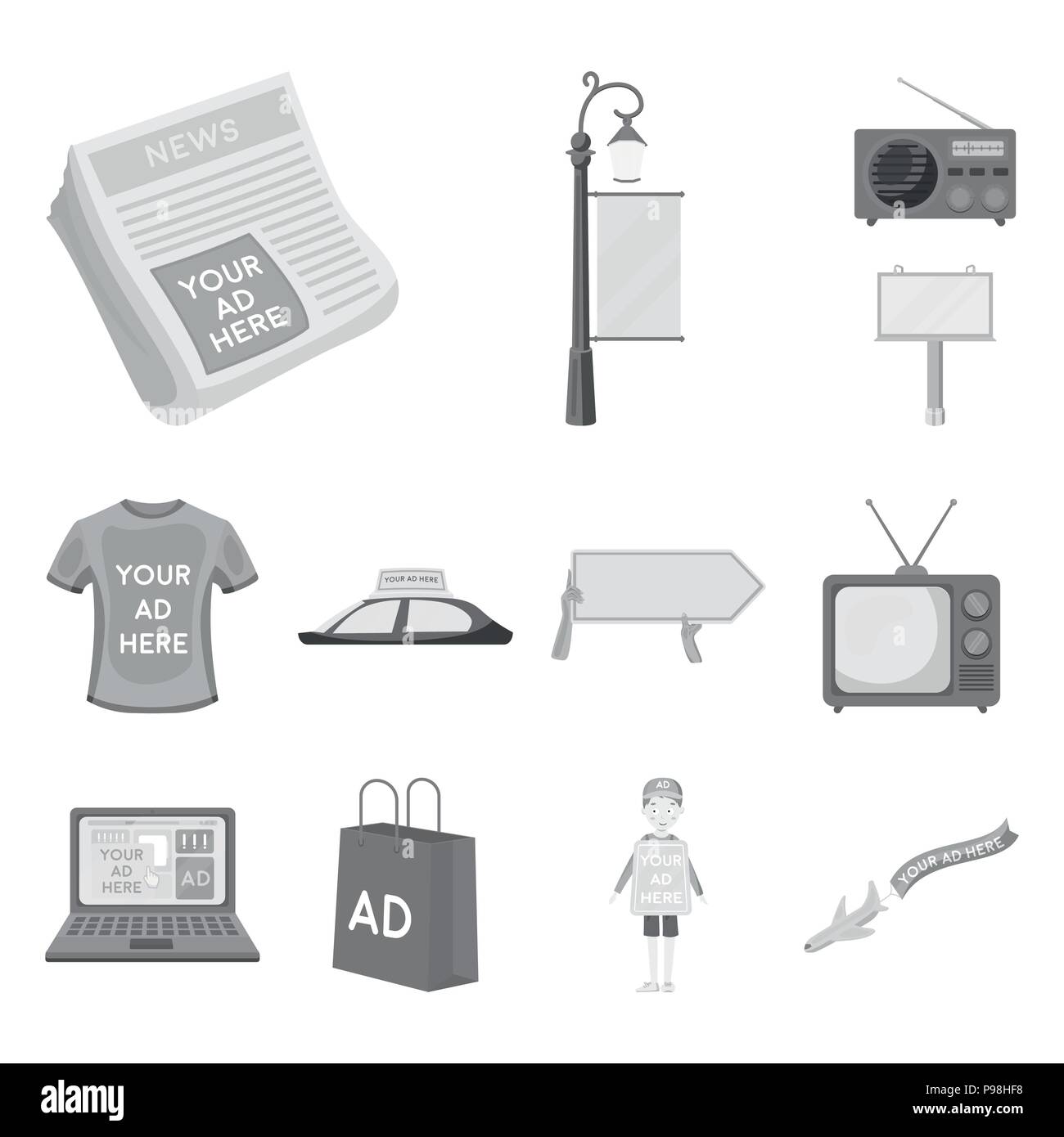 Production of advertising monochrome icons in set collection for design ...