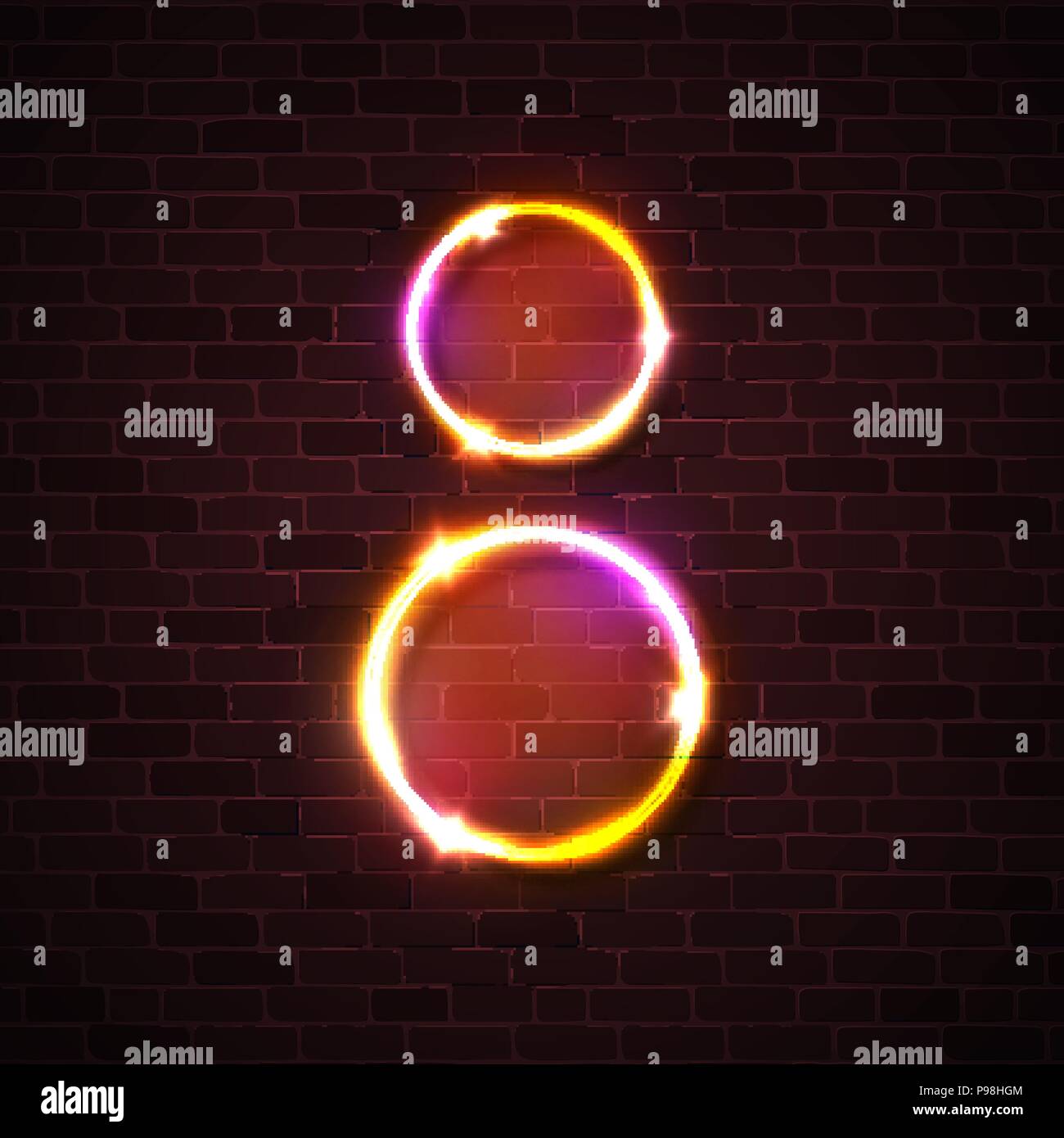 Neon light led lamp sign. Circle design on brick texture wall. Pink red ...