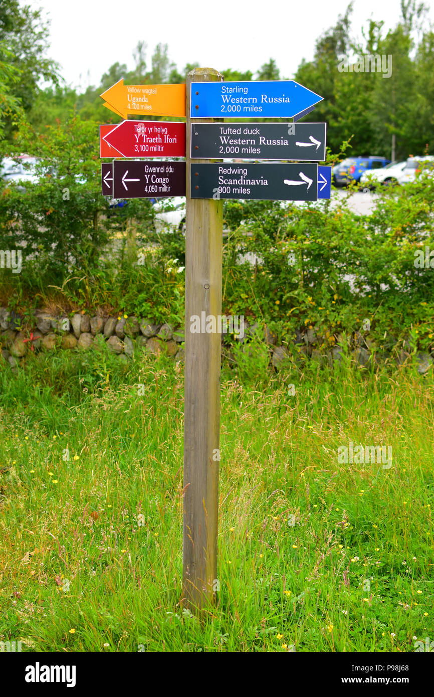 Sign post for visitors at the RSPB Reserve at Conwy North Wales UK ...