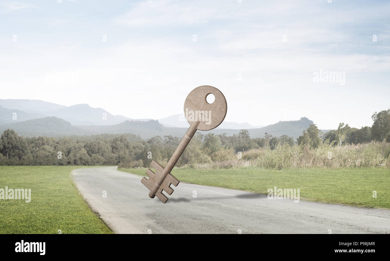 Conceptual background image of concrete key sign on asphalt road Stock ...