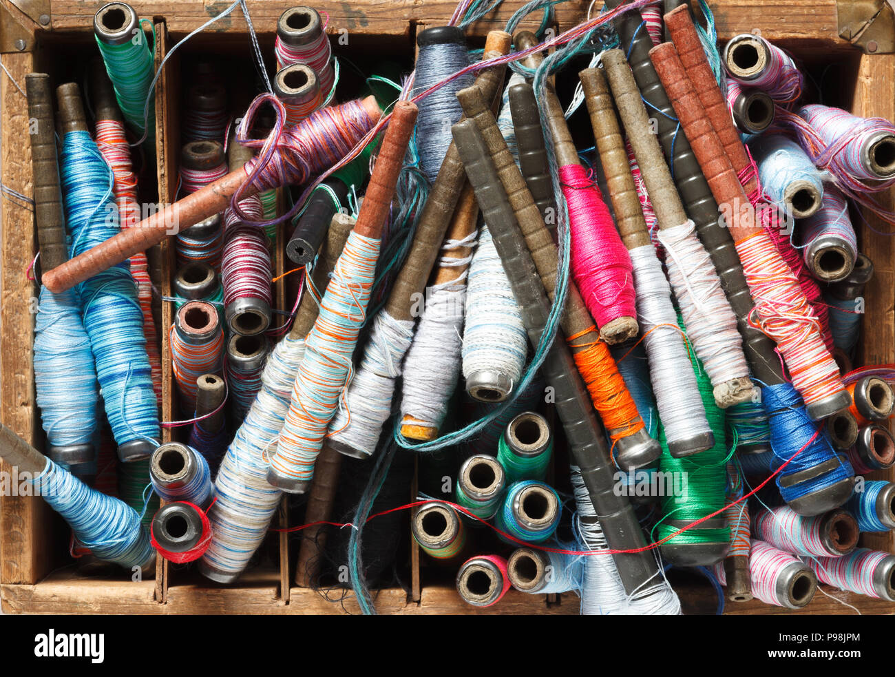 Colorful spools with threads for loom background Stock Photo - Alamy