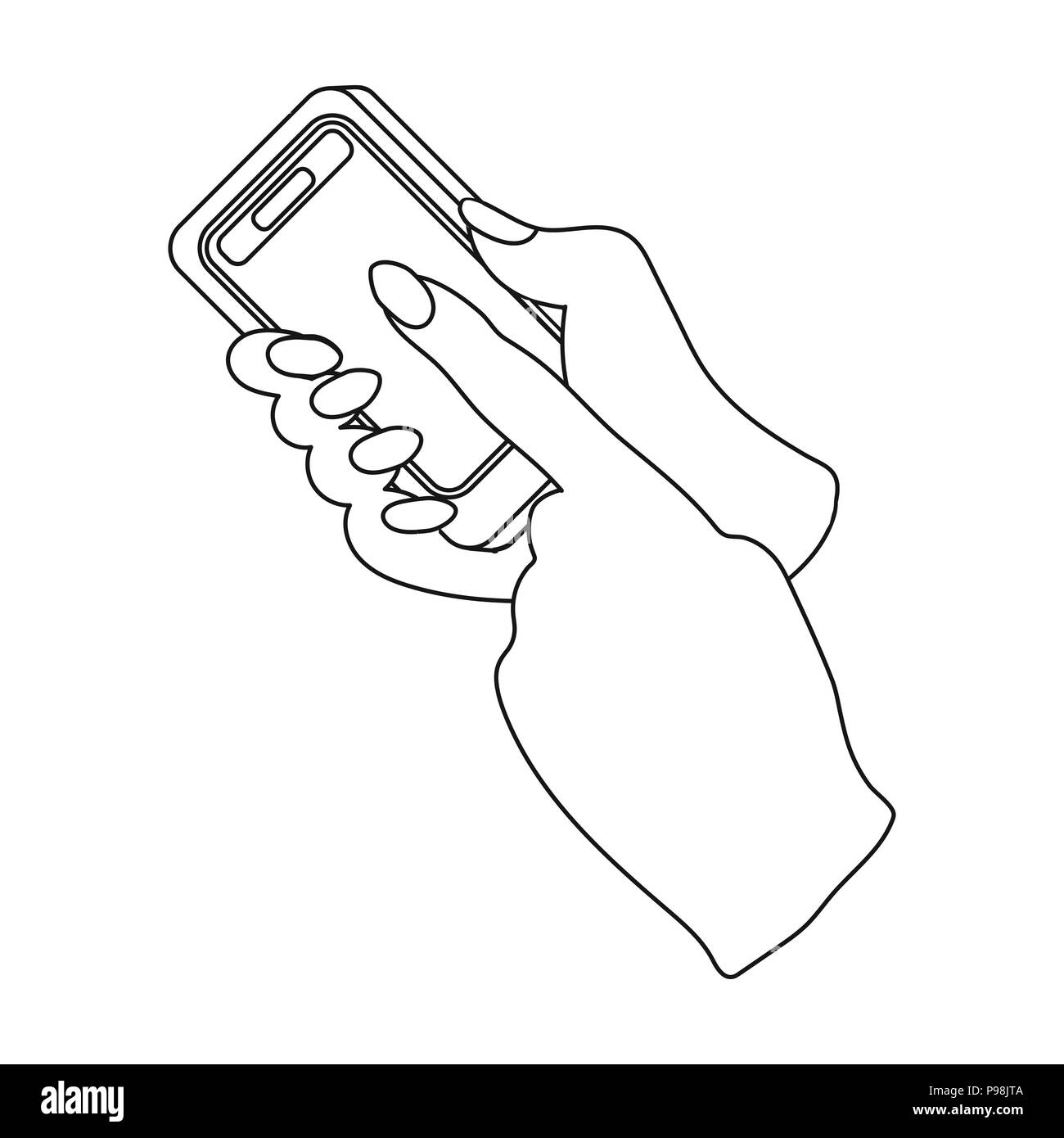 Mobile phone in hand. E-commerce single icon in outline style vector ...