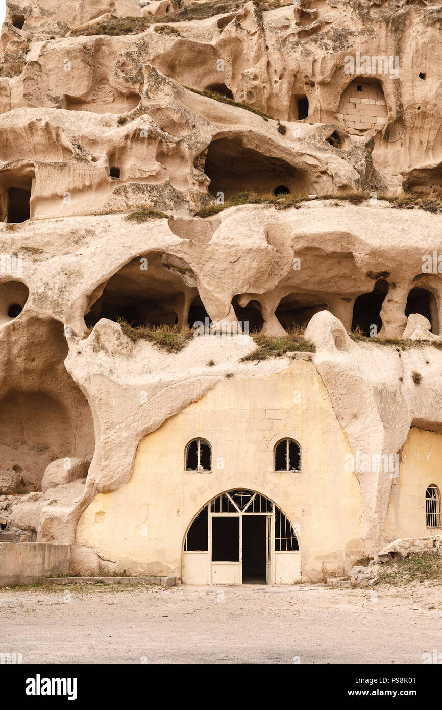 View of ancient caves of Uchisar in Cappadocia, Central Anatolia,Turkey ...