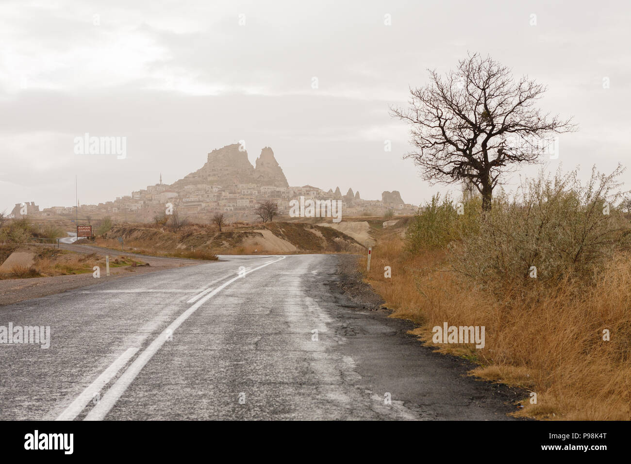View of ancient castle of Uchisar from a mountains in Cappadocia ...