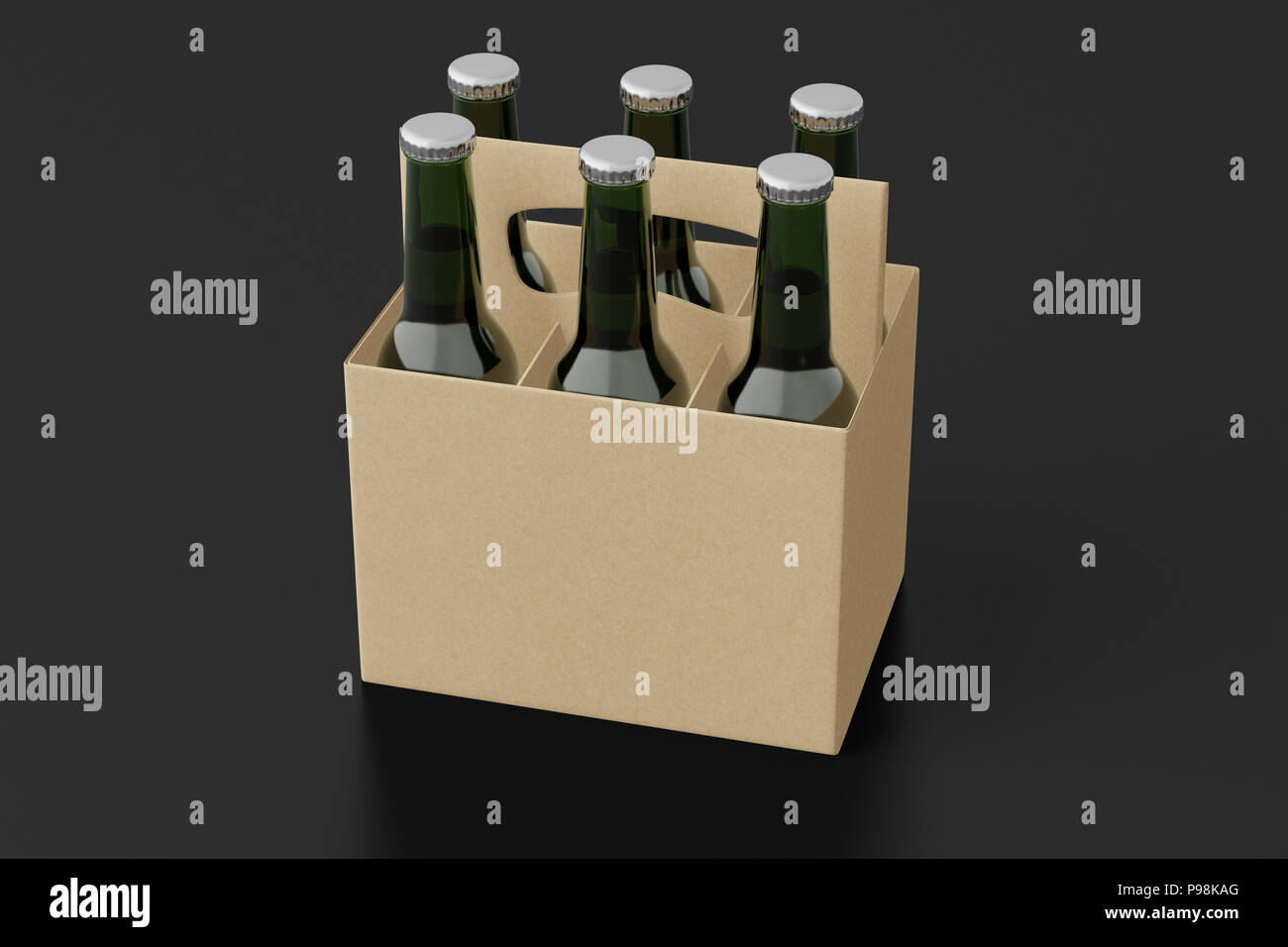 Cardboard blank beer packaging with green bottles on black background ...