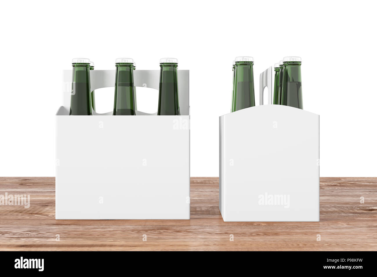 Six bottles white blank beer packaging with green bottles on wooden ...
