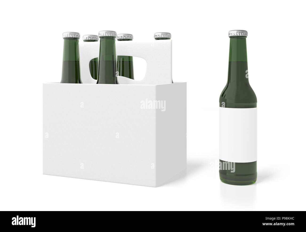 Six bottles white blank beer packaging with green bottles and single ...