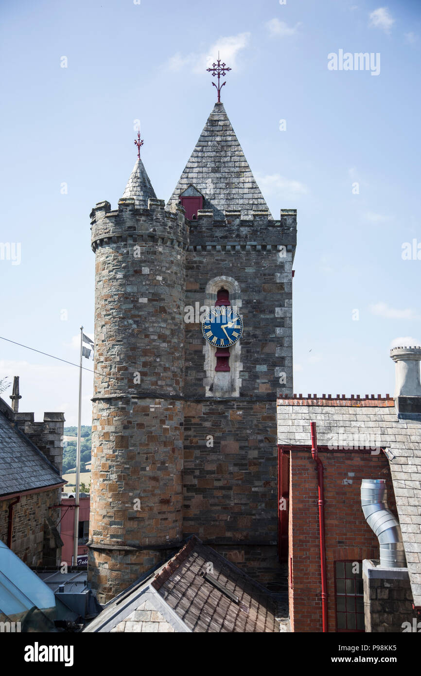Launceston Church tower with clock face on a summers day with a bright ...