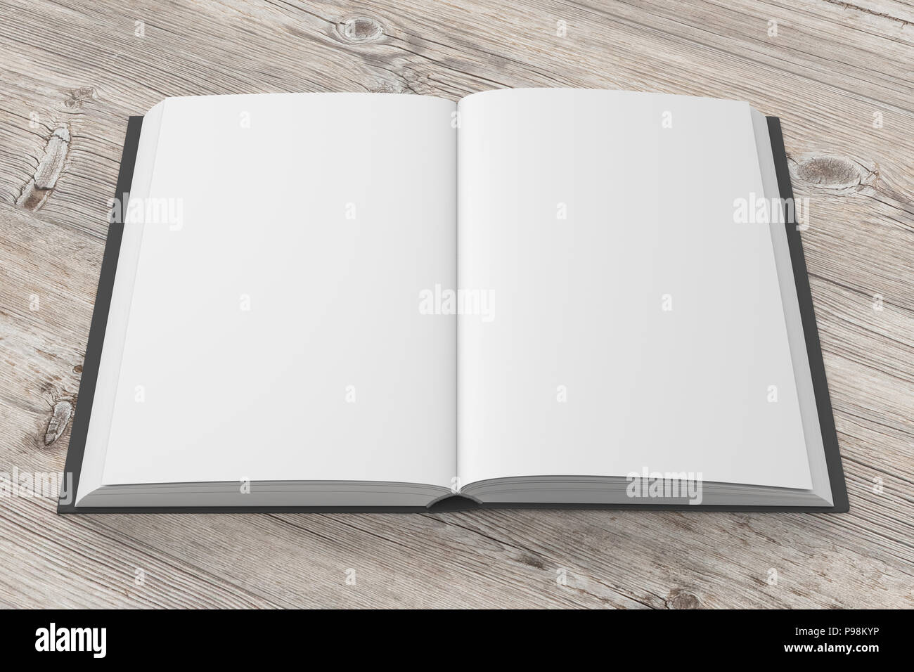 Open book with black cover and white pages isolated on wooden ...