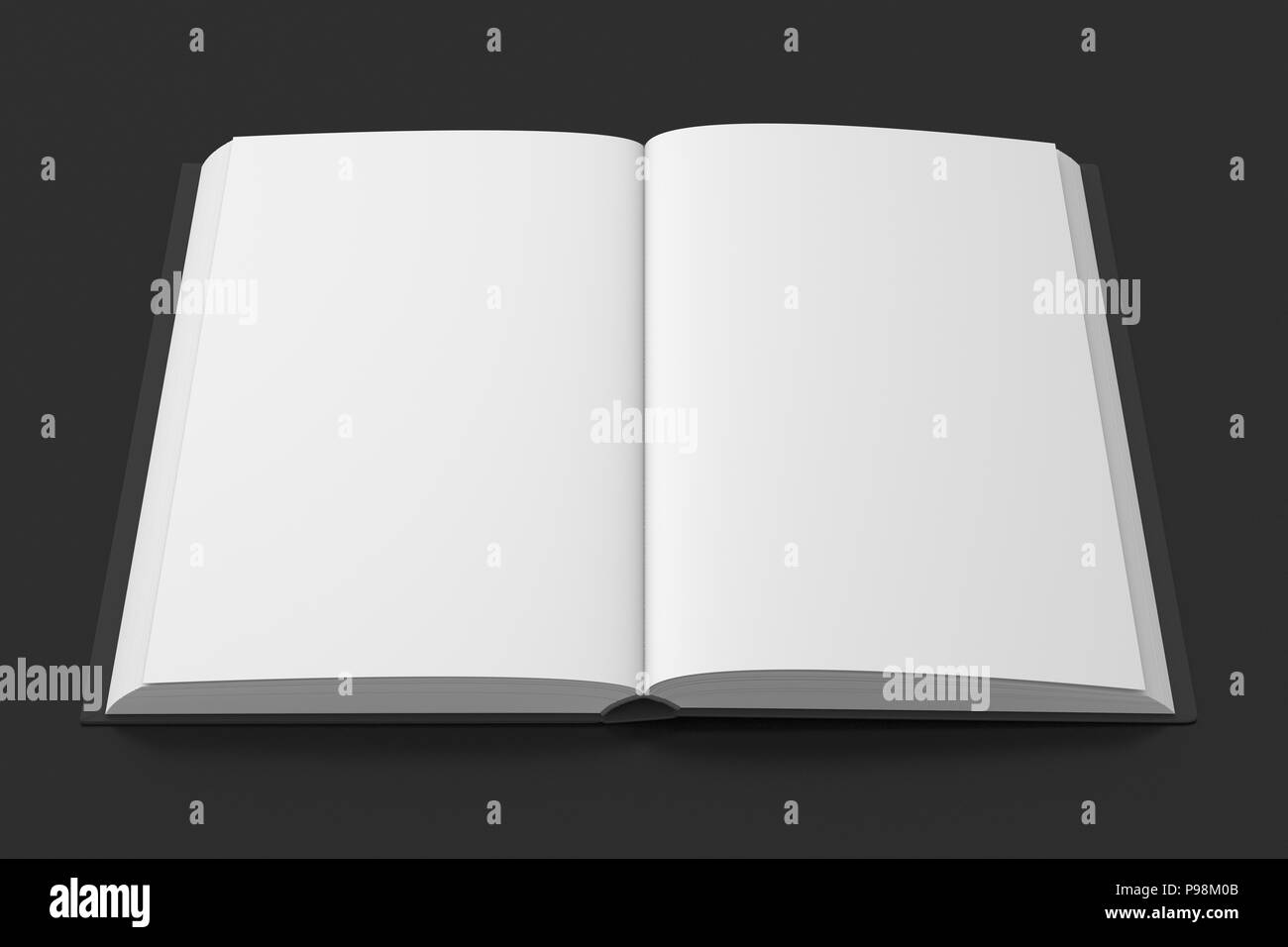 Open book with black cover and blank pages isolated on black background ...