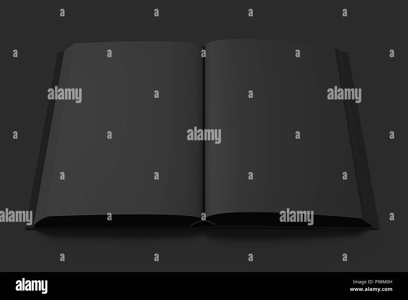 Open book with black cover and blank black pages isolated on black ...