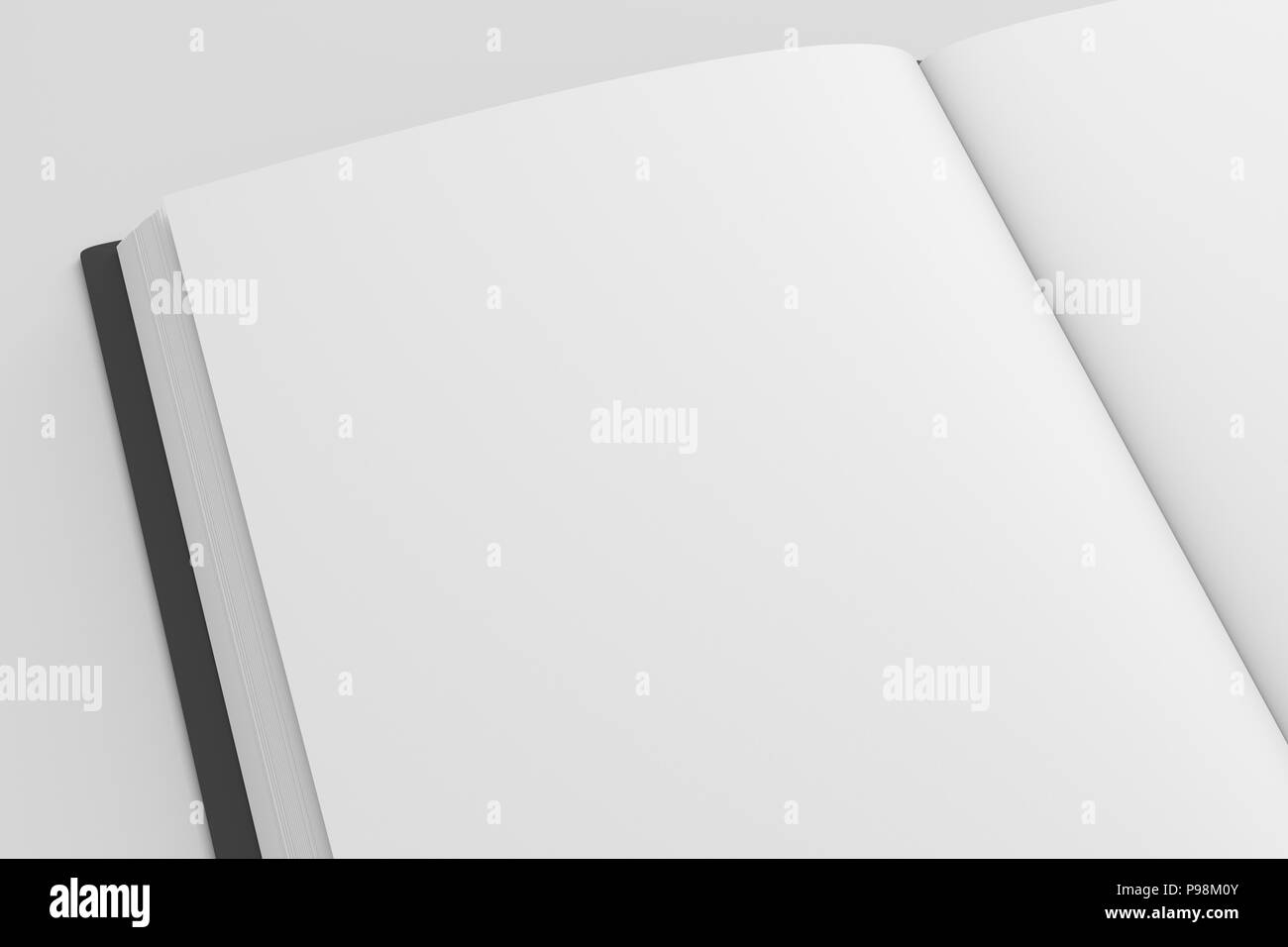 Closeup of open book with black cover and blank pages isolated on white ...
