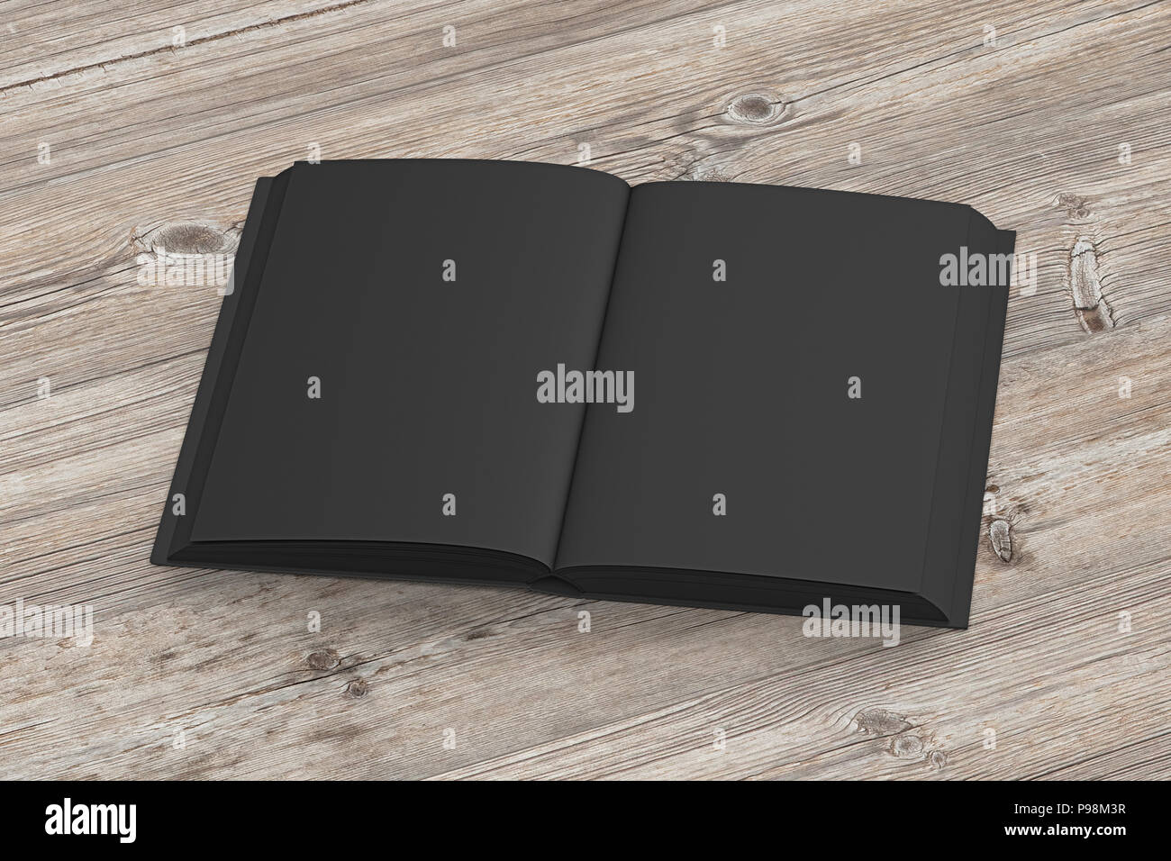 Open book with black cover and blank black pages isolated on wooden ...