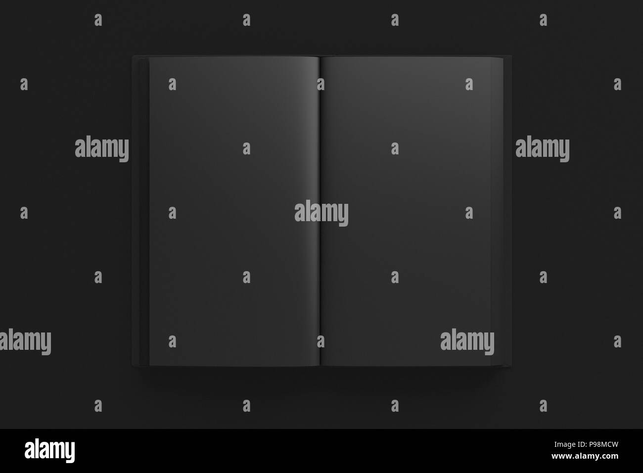 Open book with black cover and blank black pages isolated on black ...