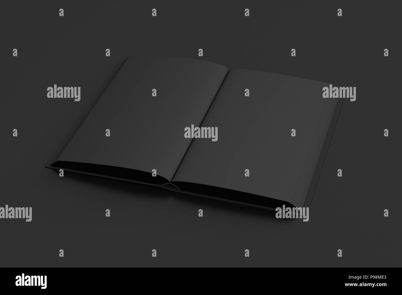 Open book with black cover and blank black pages isolated on black ...