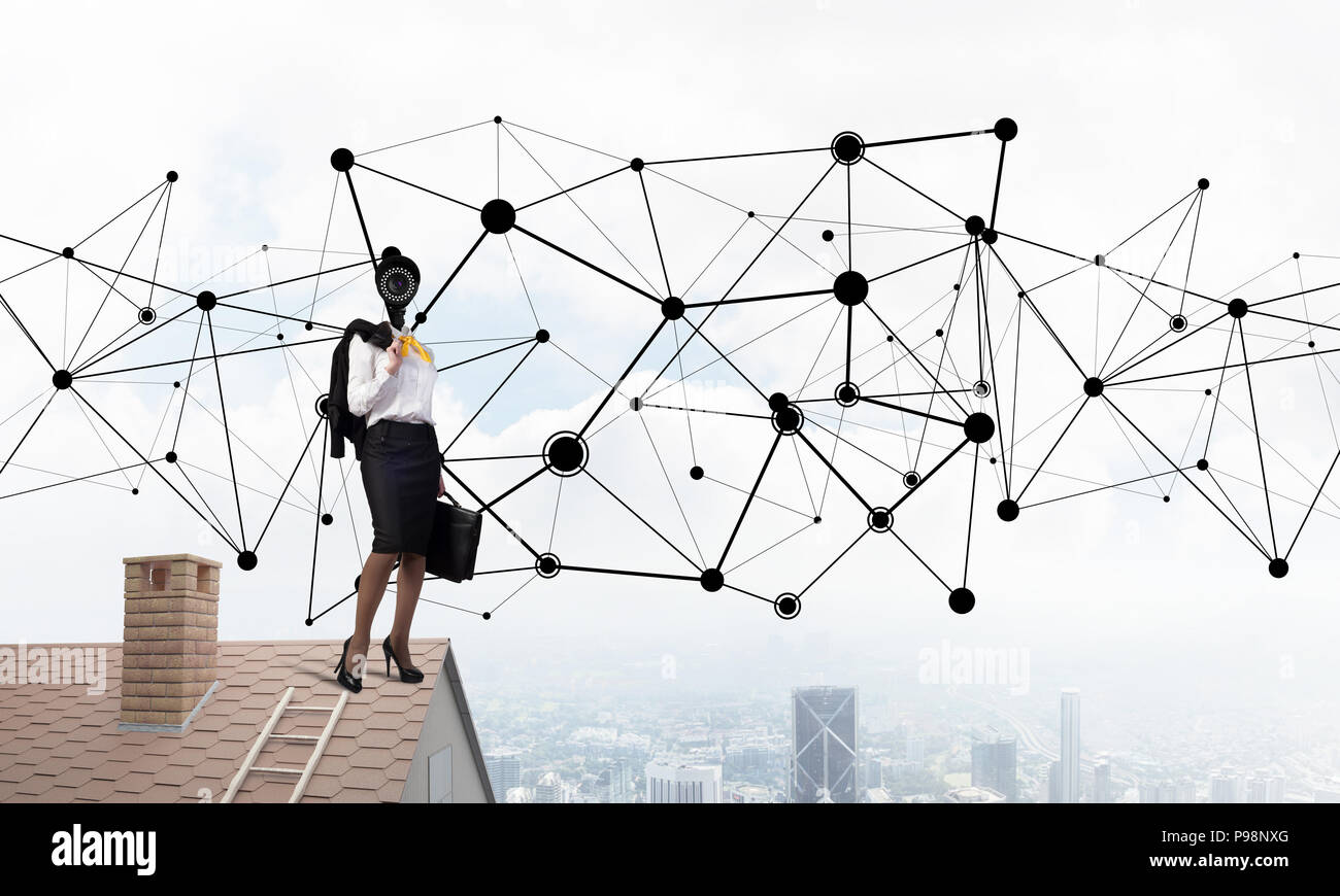 Concept of security and privacy protection with camera headed woman ...