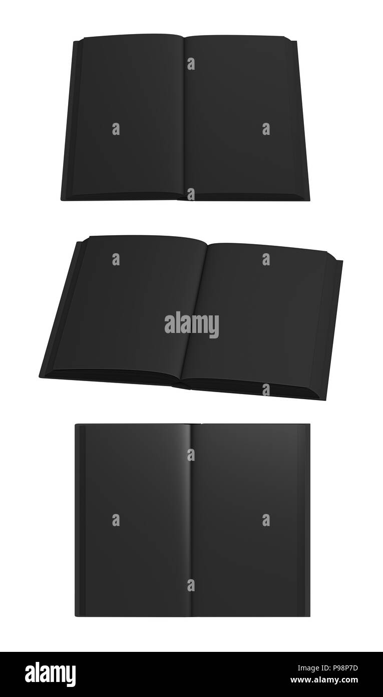 Set of open book with black cover and blank black pages isolated on ...
