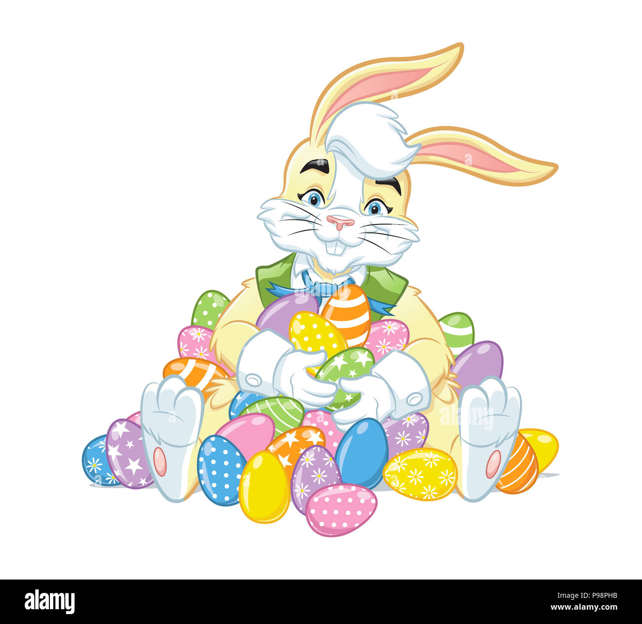 Easter Bunny Sitting In A Pile Of Easter Eggs Stock Photo - Alamy
