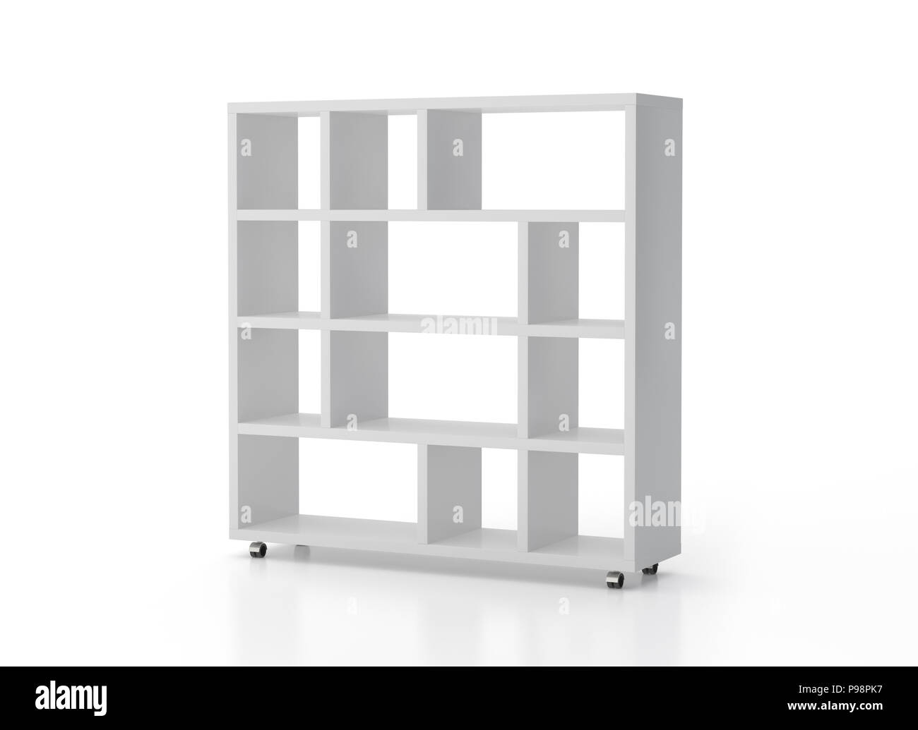 Empty white bookcase shelves on wheels isolated on white background ...