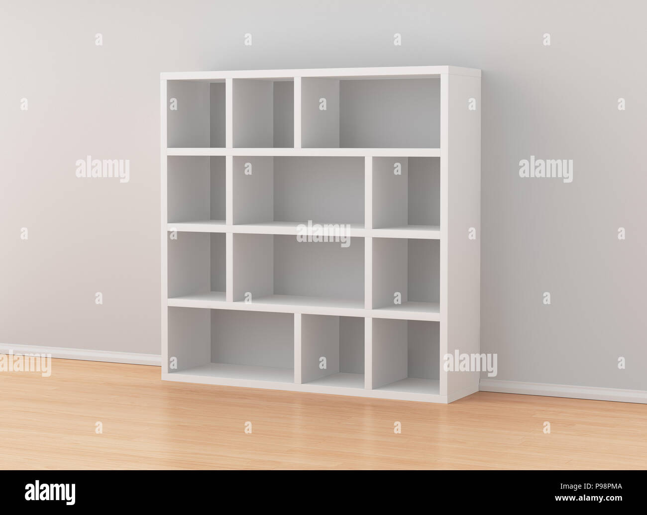 Empty white bookcase shelves isolated in interior. Include clipping ...