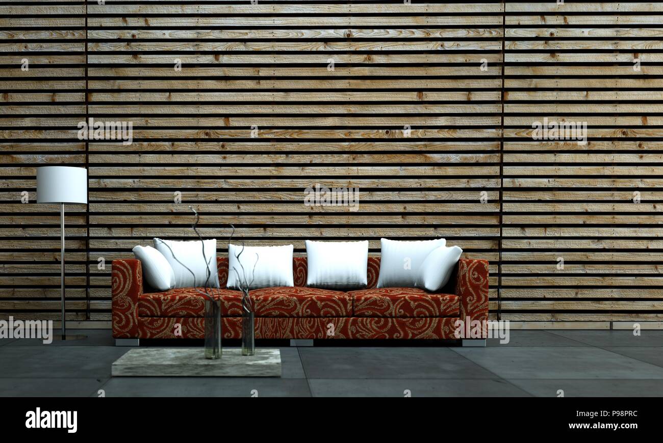 Interior design modern bright room with orange sofa Stock Photo - Alamy