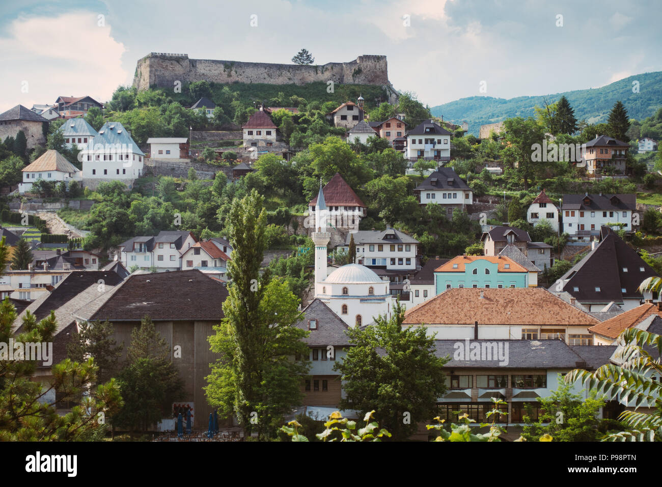 The Jajce Fortress sits atop a hill in the town of Jajce, Bosnia and ...