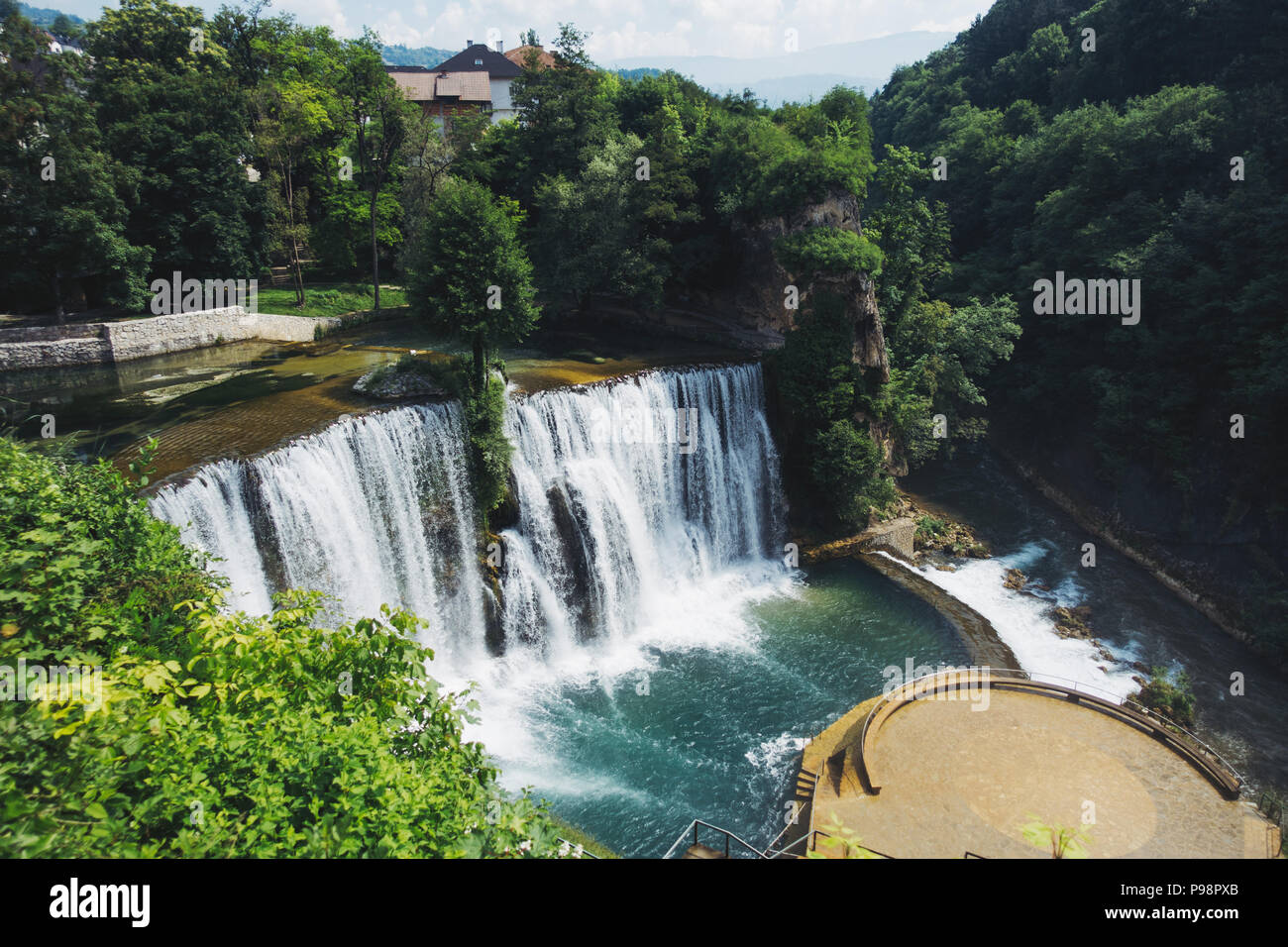 The Pliva Waterfall, one of the main tourist attractions in the small ...