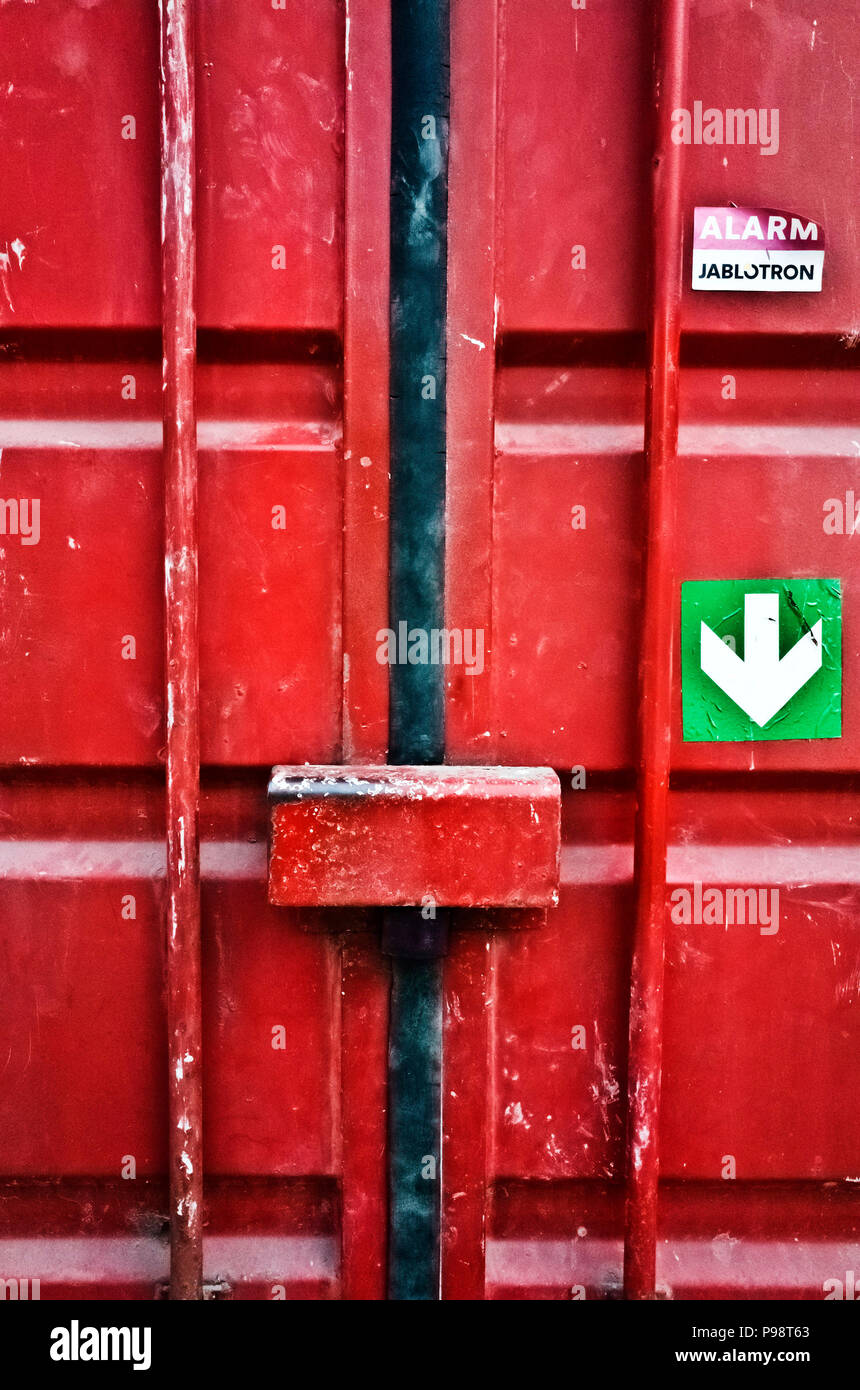 close up detail of a red industrial container doors Stock Photo - Alamy