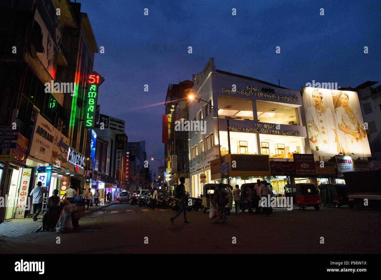 Dusk in the Pettah district of Colombo, Sri Lanka. Colourful lights ...