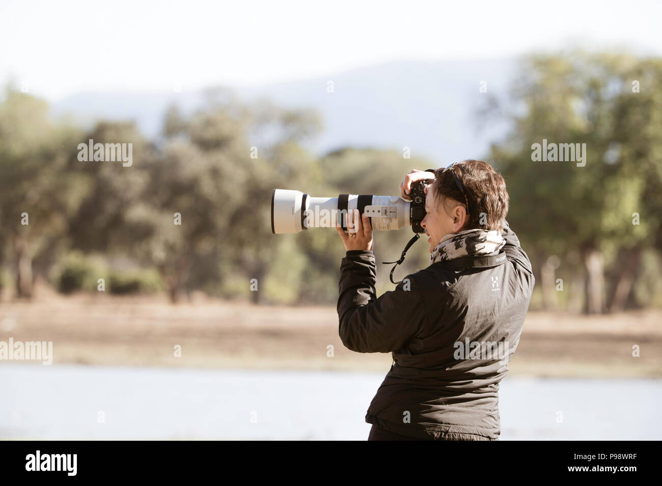 Young female photographer with Sony mirrorless camera and 100-400 lens ...